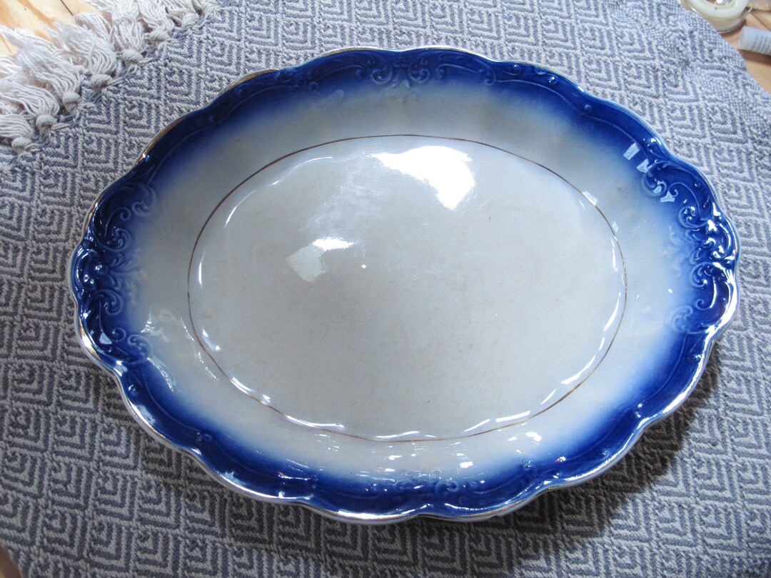 Early Flo Blue Ironstone Platter Gold Cobalt Blue Serving Platter ...