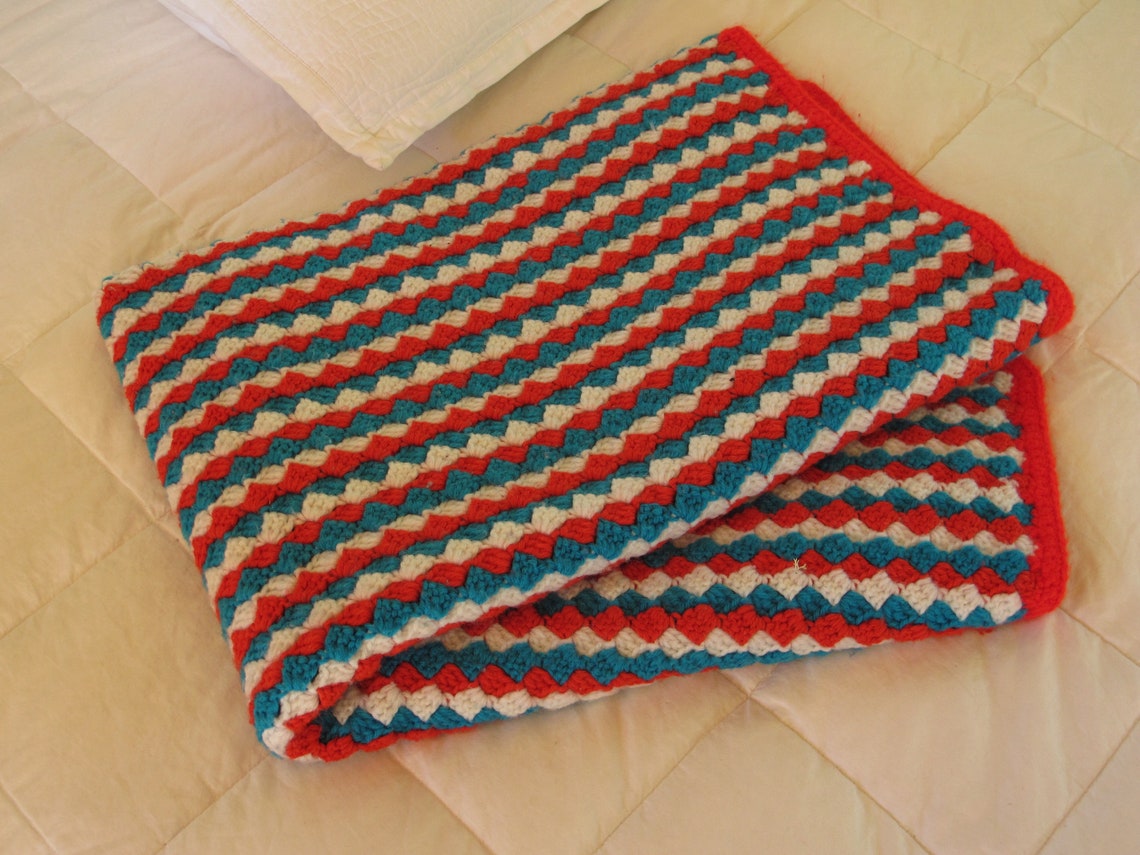 Colorful Crochet Throw Blue Red White Bright Boho Crochet | Etsy