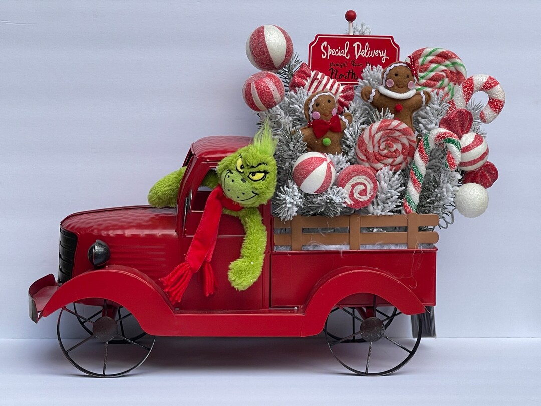 Grinch Inspired Flocked Truck Centerpiece Wreath Arrangement - Etsy