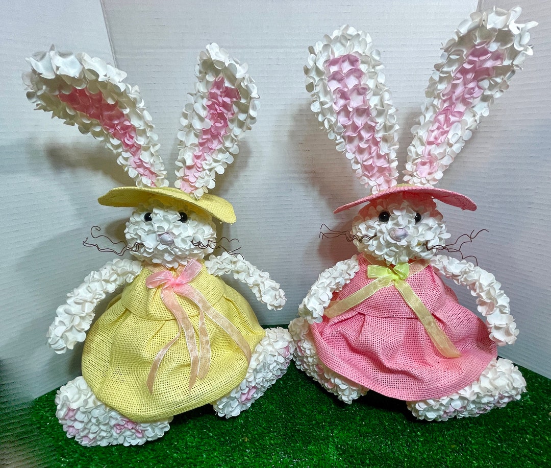Vintage Style Styrofoam Covered Paper Flower Bunny Rabbit Doll Bow ...