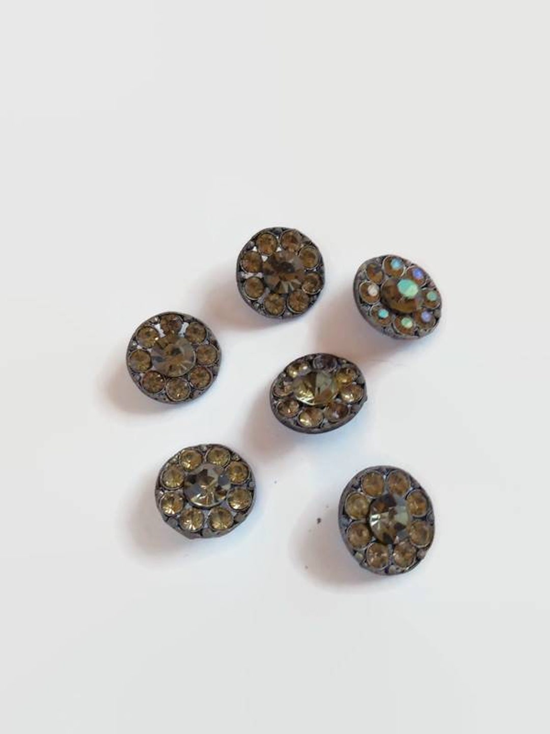 6 Large Vintage Rhinestone Buttons - Gray Green Metal - Etsy