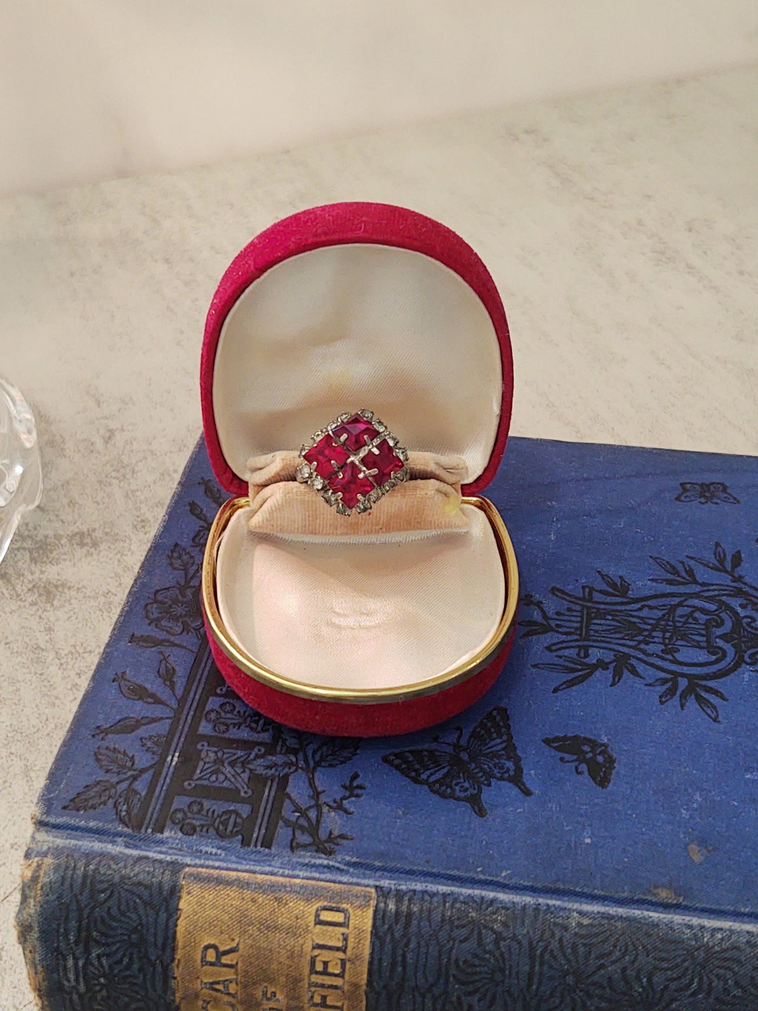 Vintage Red Crystal Cocktail Ring Prong Set Adjustable Silver Tone ...