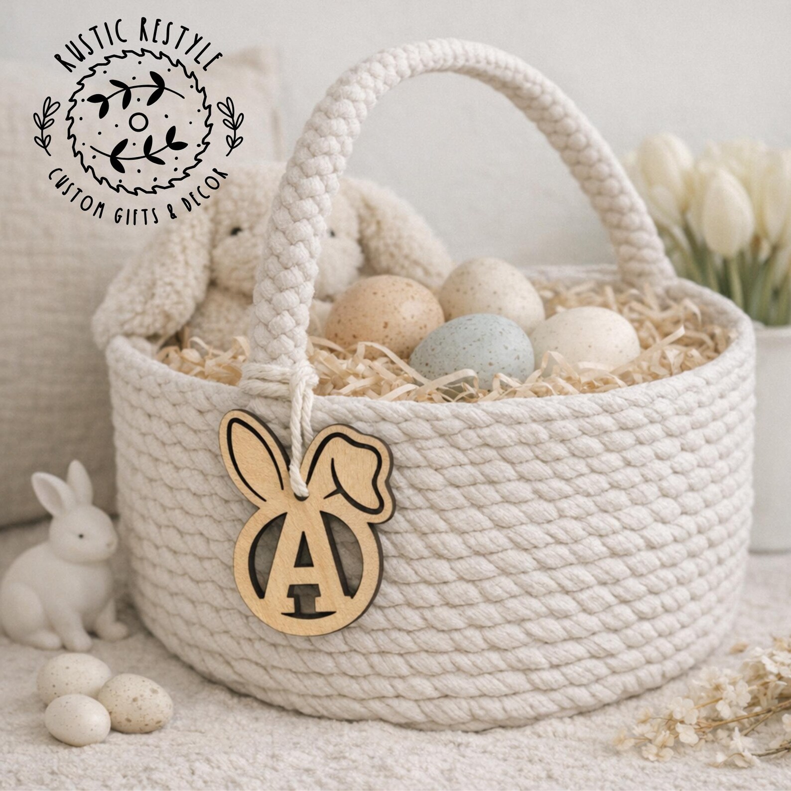 Initial Bunny Letter Basket Tags, Monogram Ornaments or Easter Basket ...