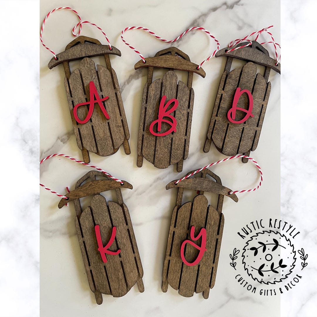 Wood Sled Ornament With Initial Letter, Monogram Old Sled Ornaments ...
