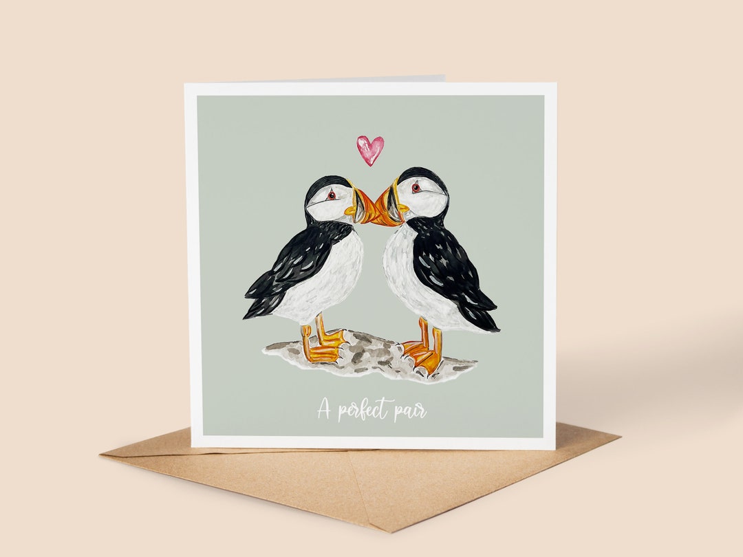 Handmade Watercolour Puffin Card // Valentines, Anniversary, Wedding ...