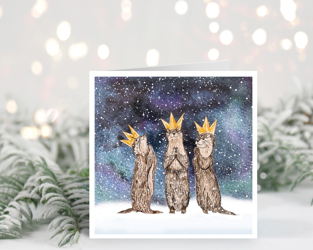 Handmade Three Wise Otters Christmas Card, Watercolor Holiday Card - Etsy