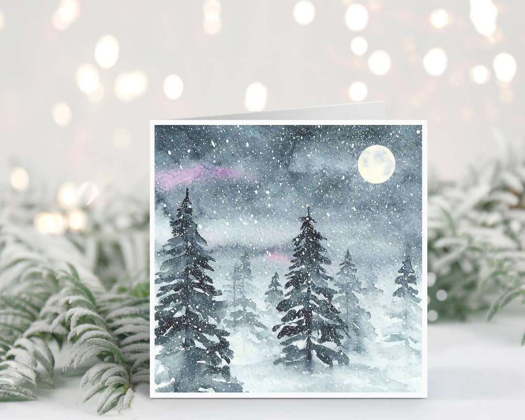 Handmade Christmas Card // Watercolour Forest, Holiday Card, Winter ...