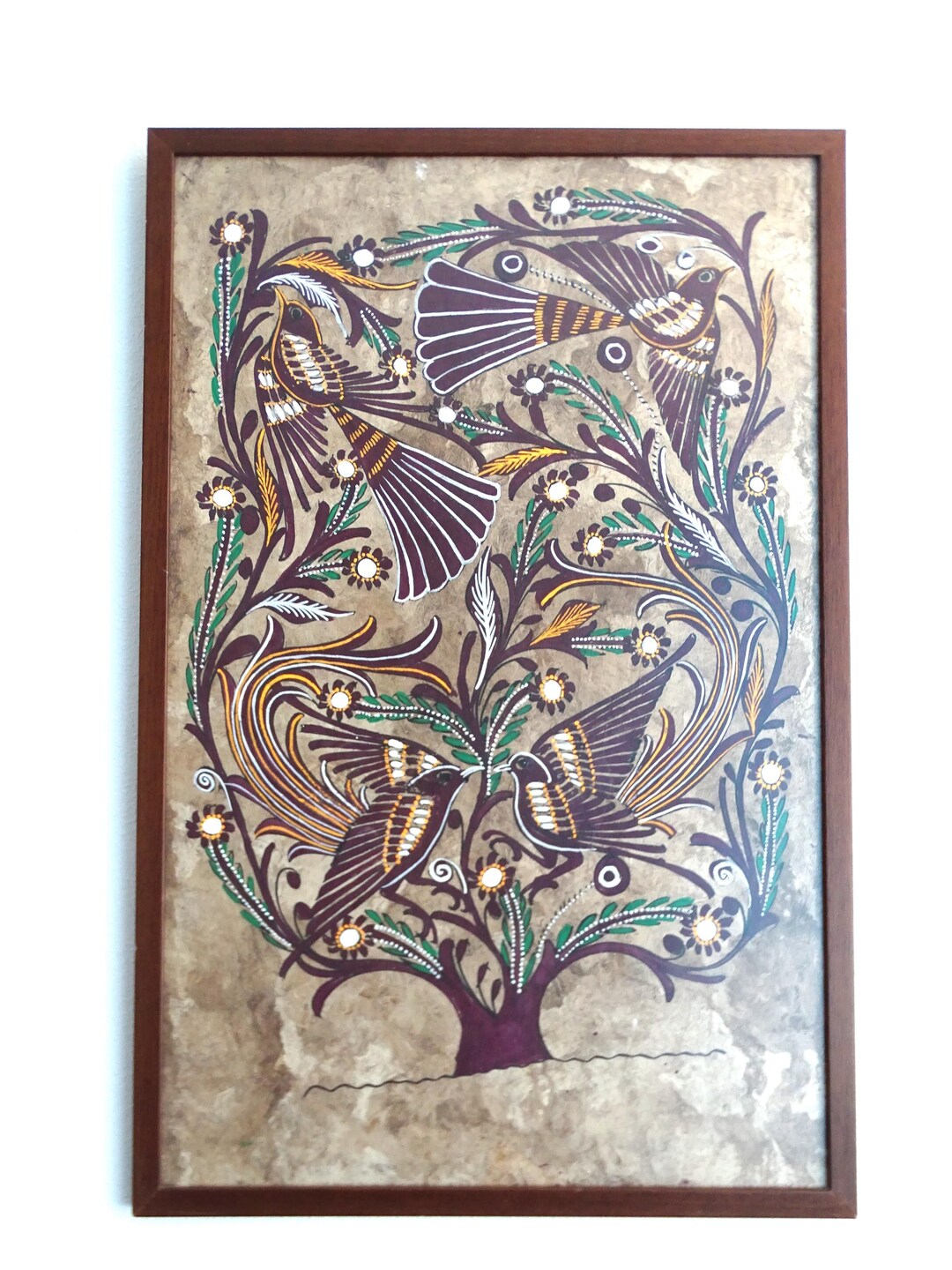 Mexican Amate Bark Folk Art Painting of Birds in a Tree, Mexican Folk ...