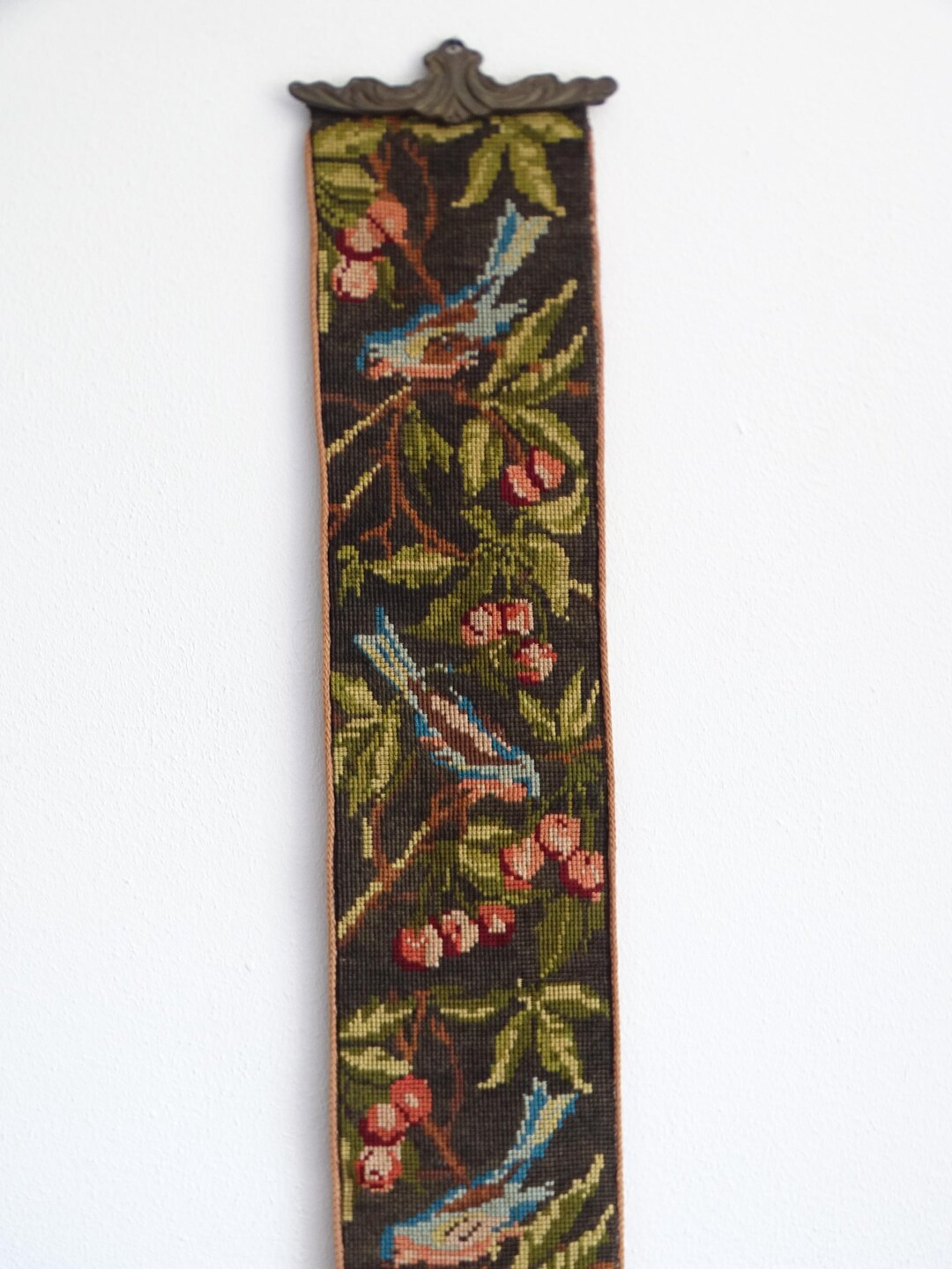 Birds and Plants Embroidered Bell Pull Cord, Vintage Needlepoint ...
