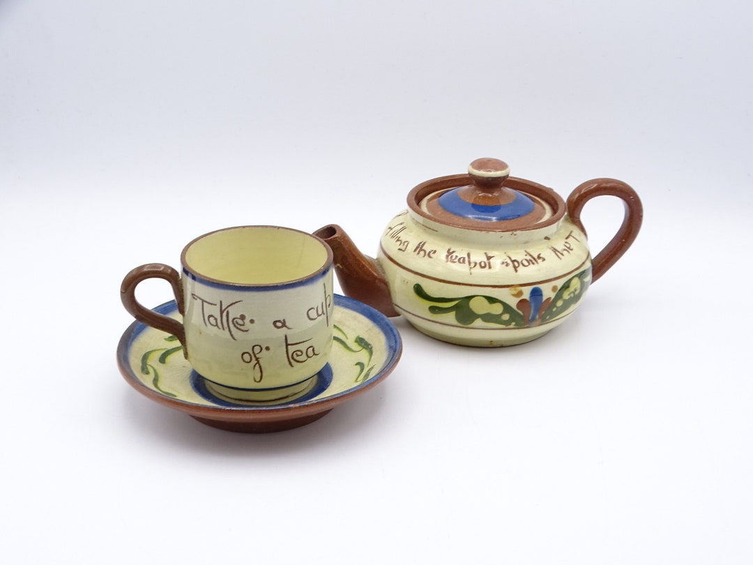 Torquay Pottery Teapot and Teacup, Torquay Ware, British Pottery ...