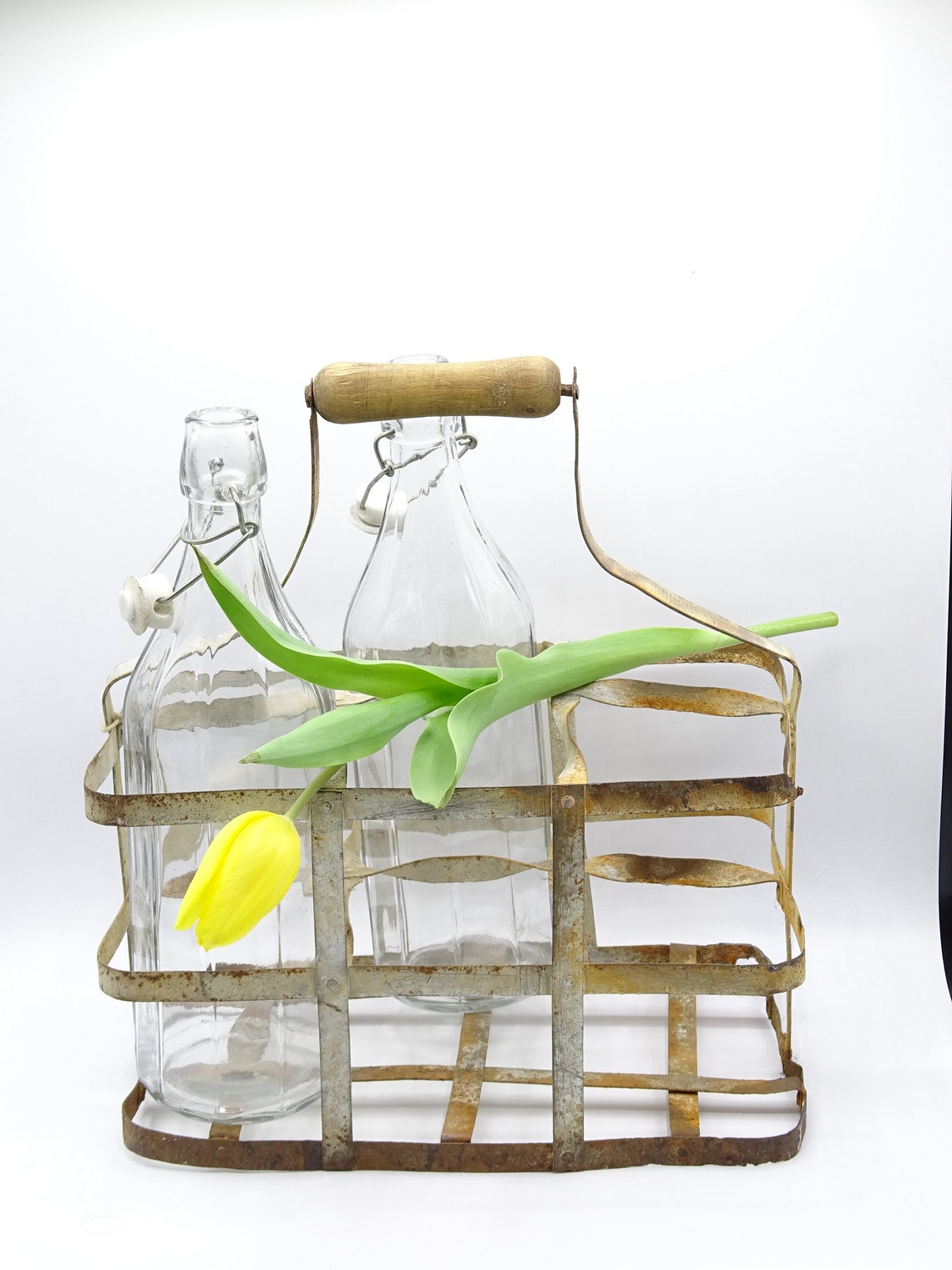 Vintage Bottle Rack With Two Vintage Glass Bottles Rustic - Etsy