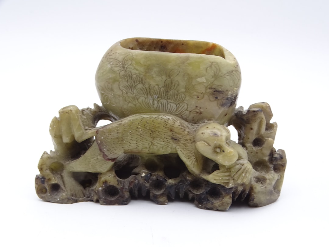 Chinese Soapstone Monkey Decorated Pencil Holder or Inkwell, Chinese ...