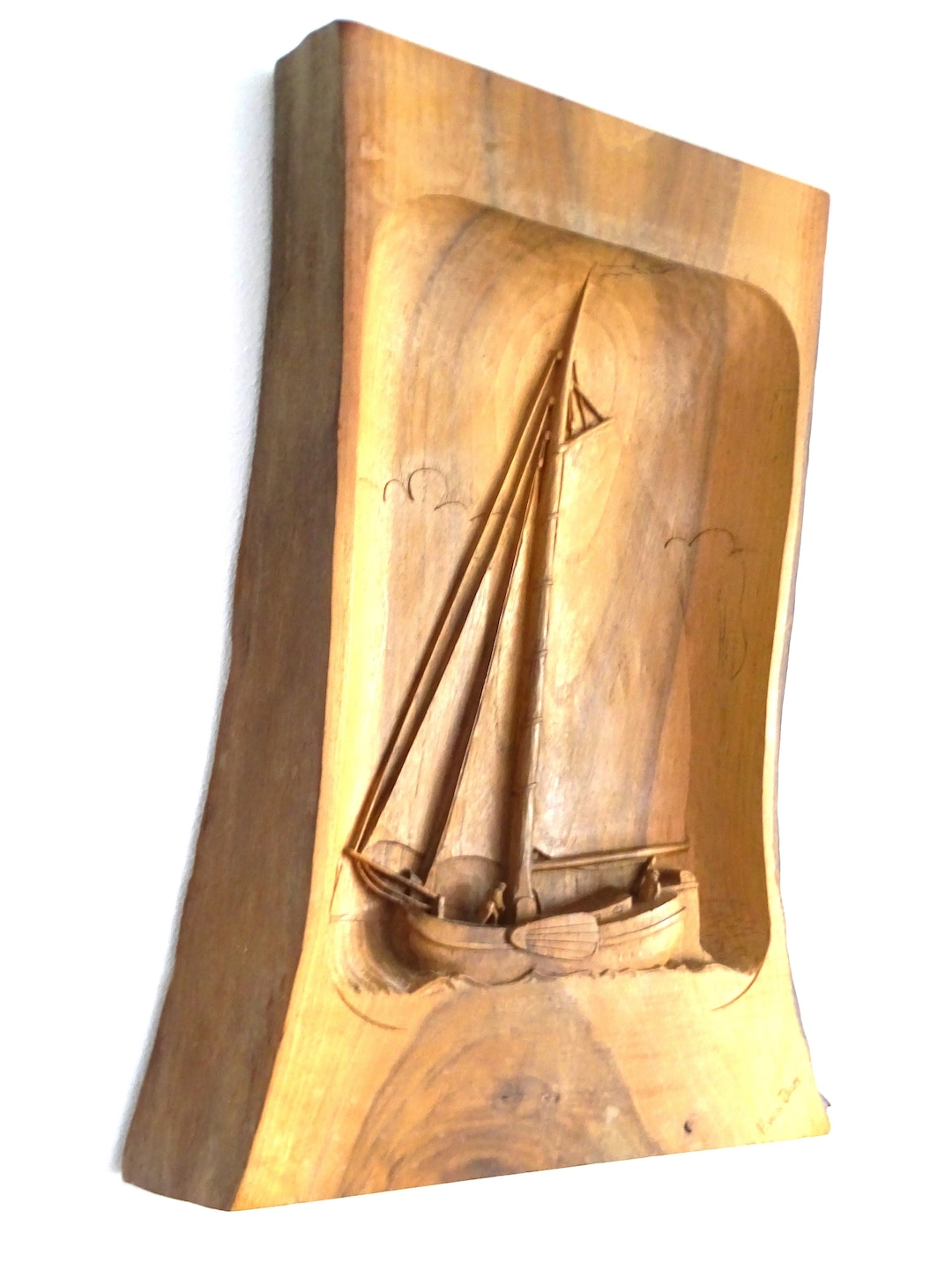 One of a Kind Relief Wood Carving of a Sailboat, Wooden Folk Art, Dutch ...