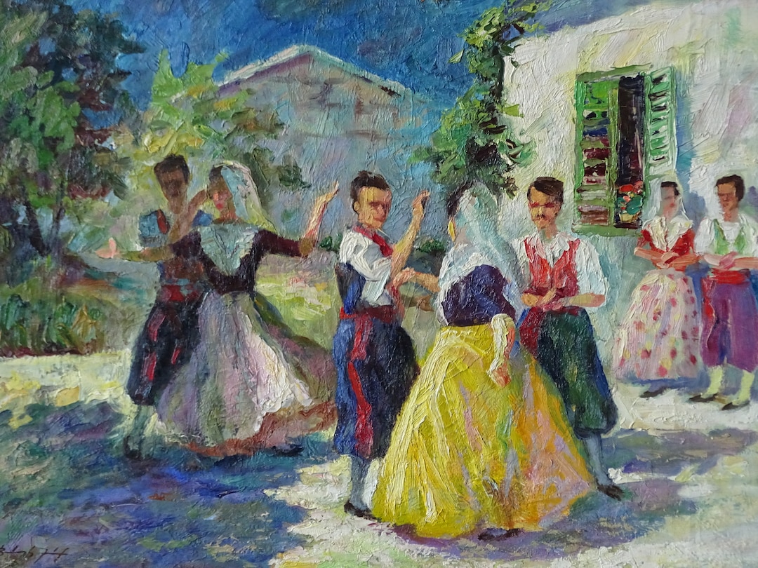 Colorful Country Dance Oil Painting on Hardboard, Vintage Art, Vintage ...