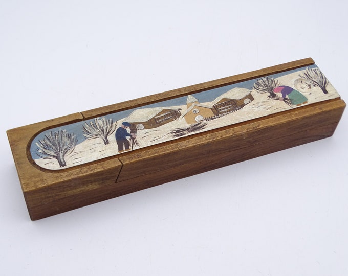 Wooden Pencil Case With a Hand-painted Lid, Vintage Pencil Box, Pen Box ...