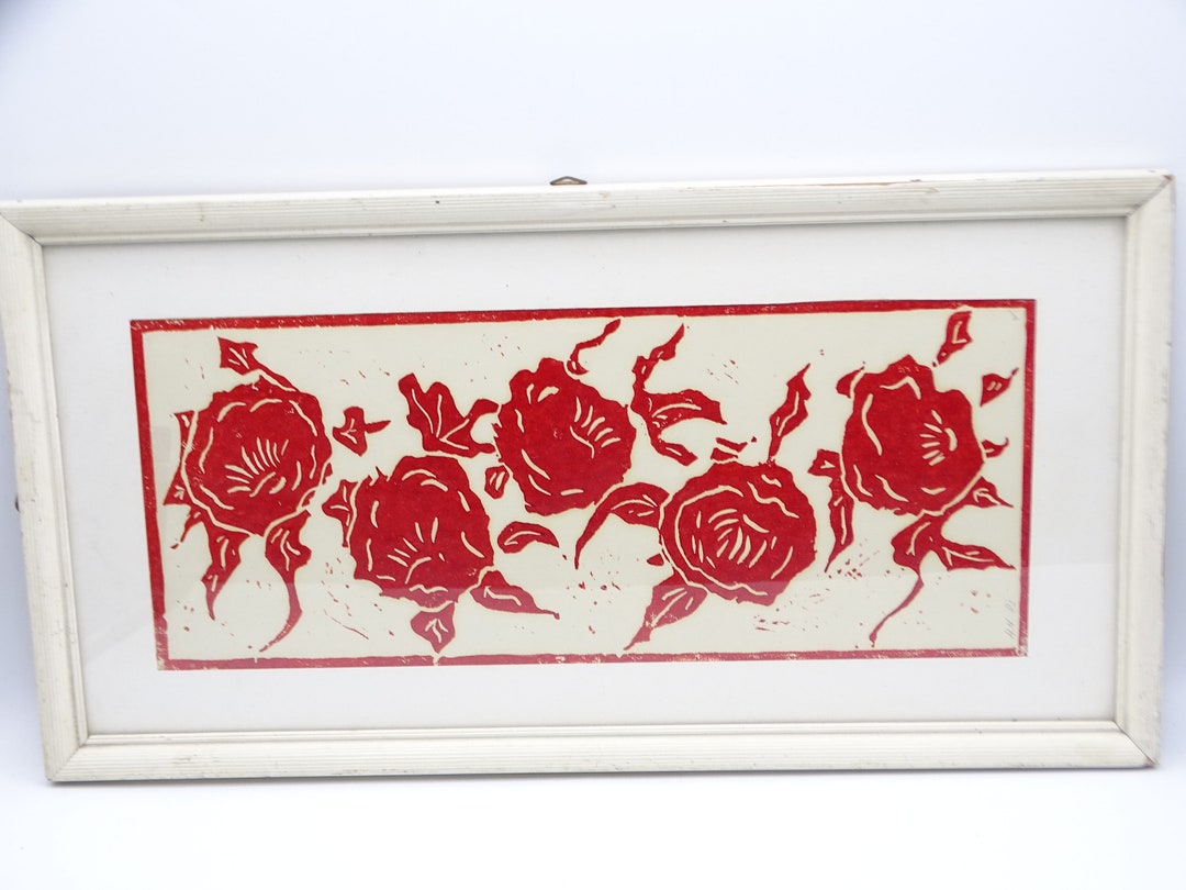 1983 Red Roses Linocut Print or Woodcut Print, Vintage Art, Eighties ...