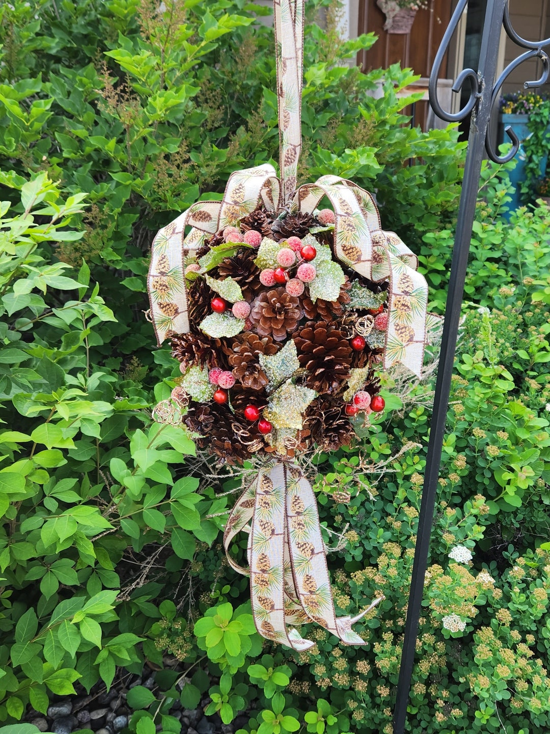 Large Kissing G Ball Christmas Kissing Ball Pinecone And Berries Christmas Decormas D Etsy