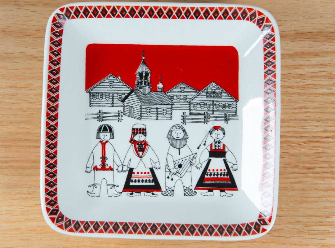Arabia Finland Karjala Karelen Village Scene Vintage Square Plate Dish ...