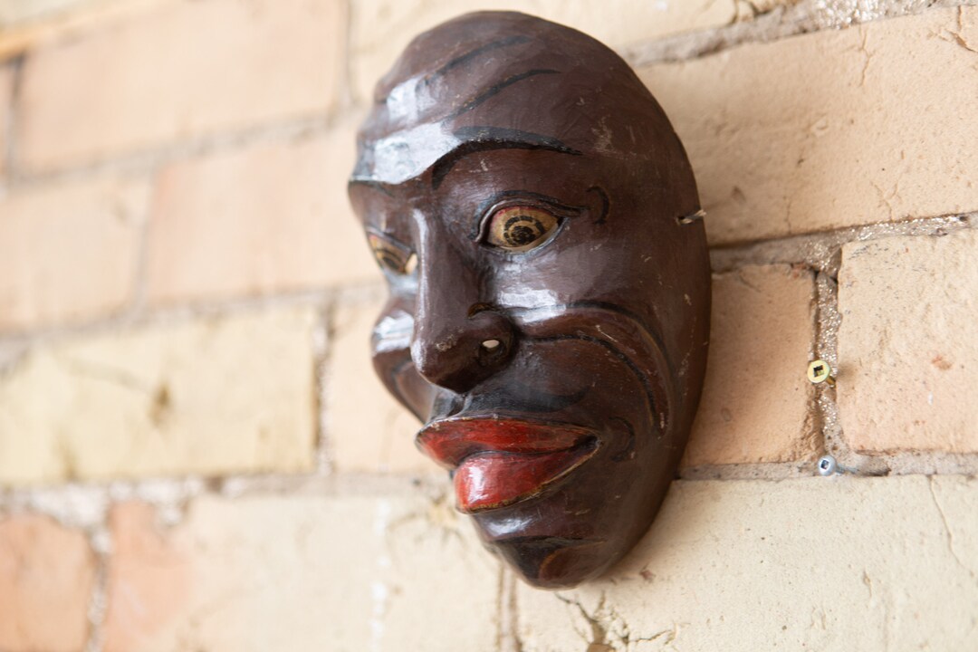 Antique Japanese Wood Mask - Vintage Hand Carved and Painted Wall ...