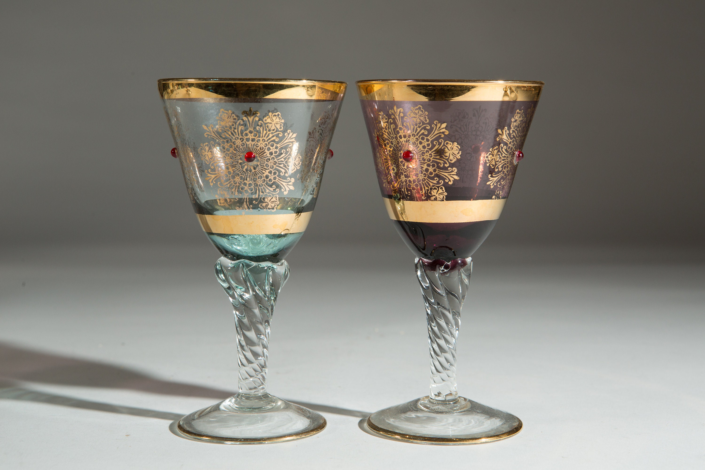 7 Vintage Glass Goblets Gold Banded Wine Glasses Mismatched Cocktail Stemware Barware