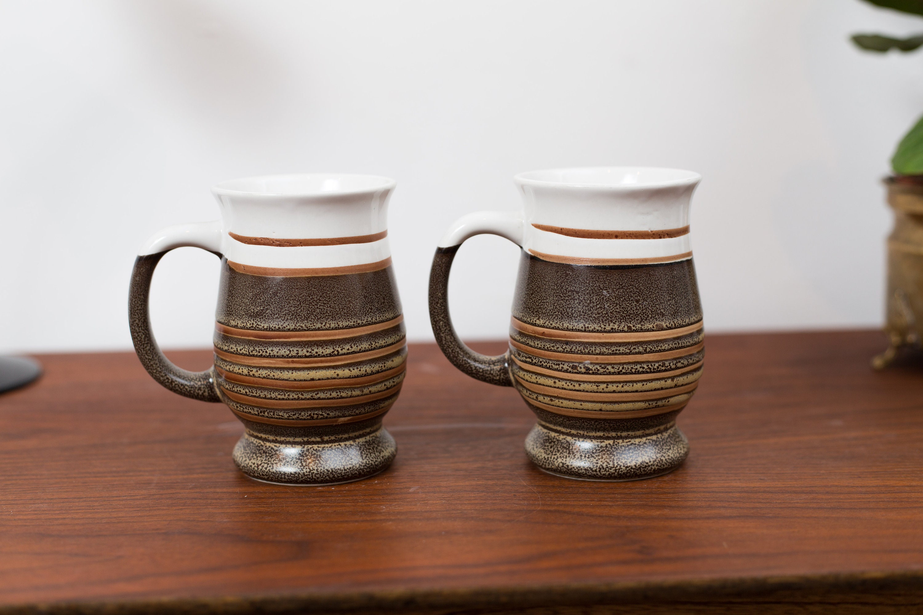 Vintage Studio Mugs Pair Of Striped Pottery Mugs Brown Ceramic 