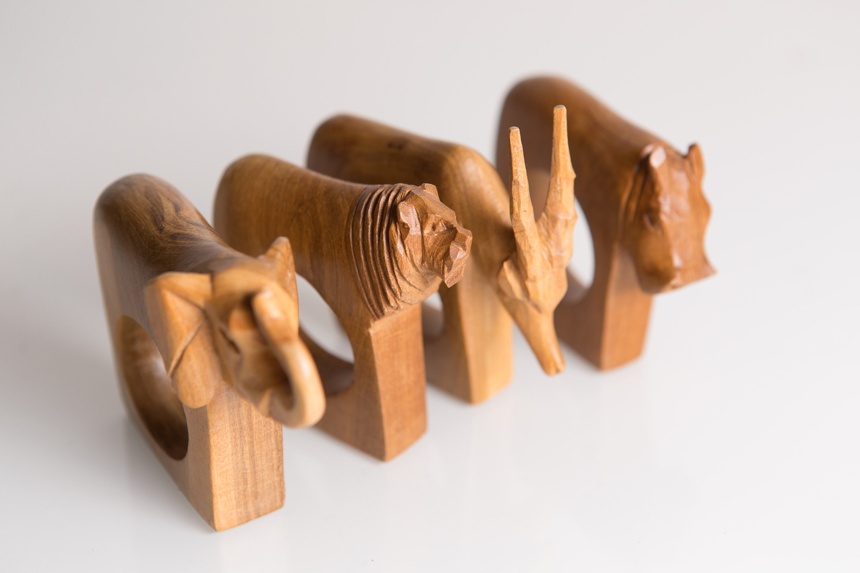 Hand Carved Wild Animal Wood Napkin Rings - Set of 4 Vintage African ...