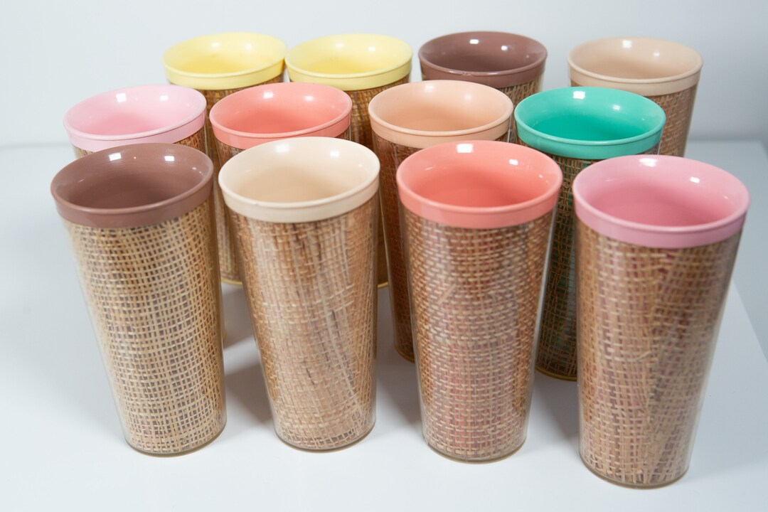 12 Raffiaware Cups - Vintage Plastic Mugs With Burlap Inside - Picnic ...