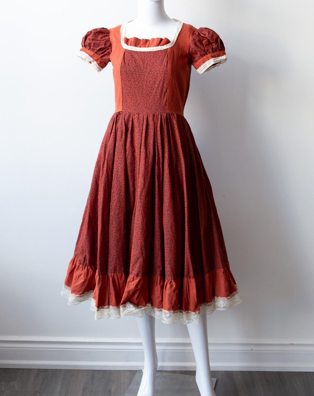 197os Terracotta Orange Pheasant Midi Dress / Size XS / Princess Seam ...