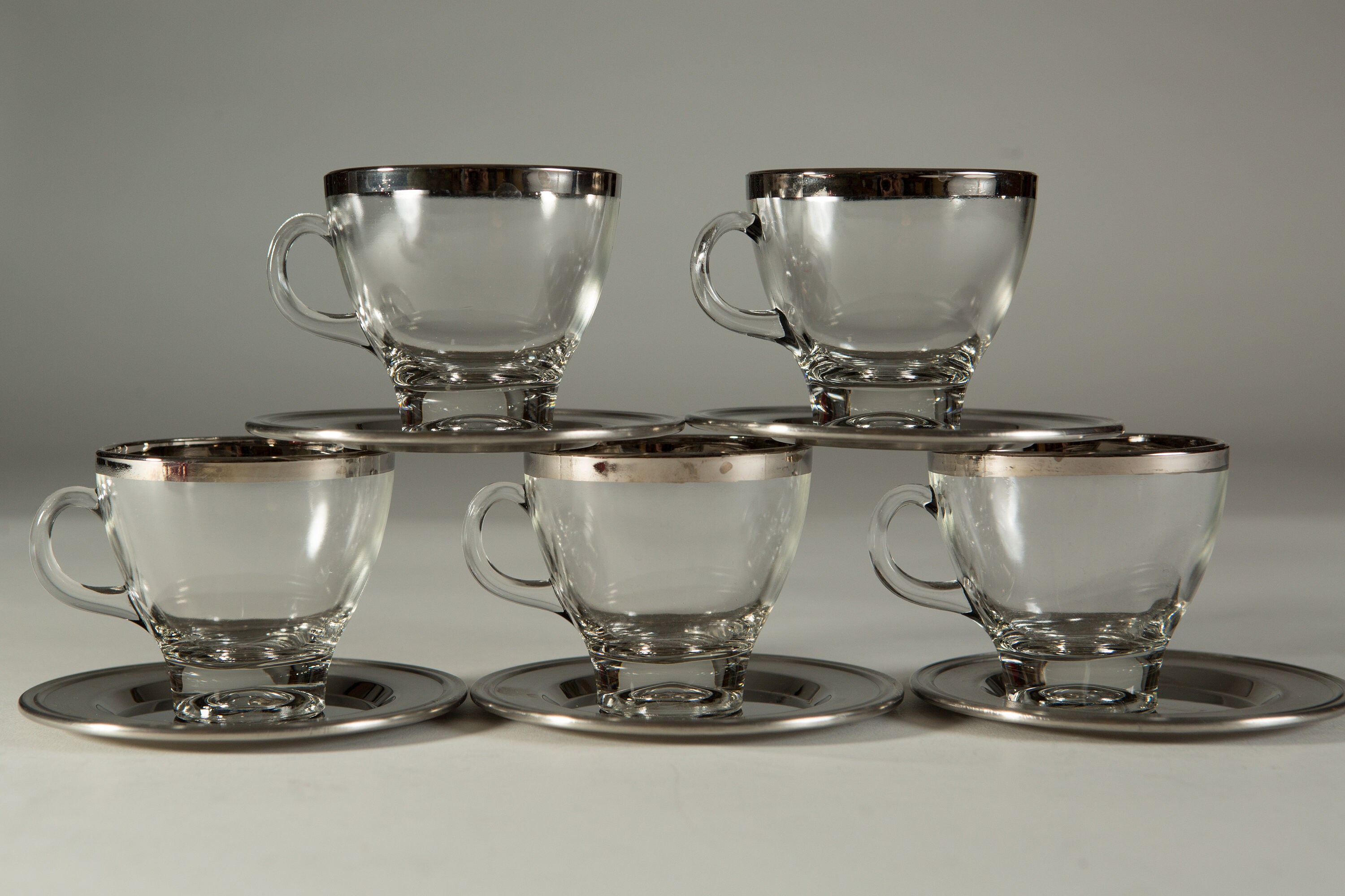Vintage Glass Mugs With Platinum Rims Set Of 5 Demitasse Coffee Or Tea Mugs With Handles And