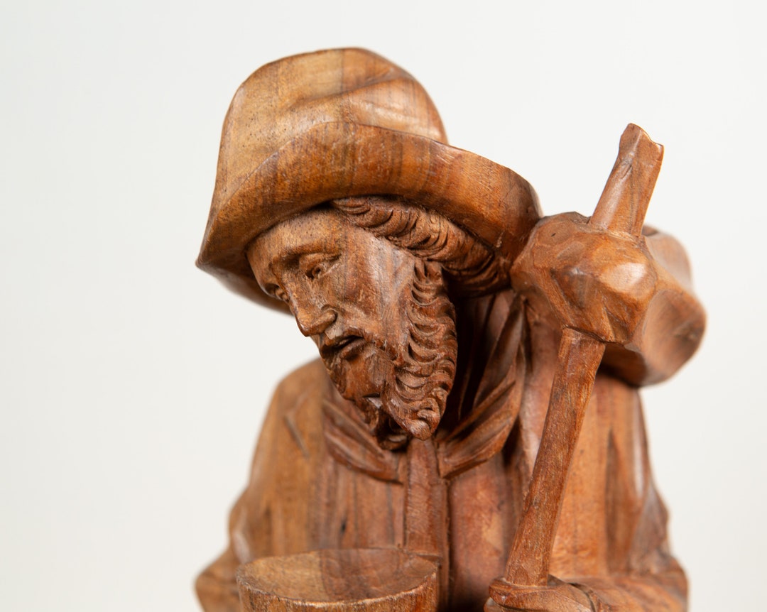 Vintage Folk Art Hand Carved Wooden Old Man Carrying a Bowl and Basket ...