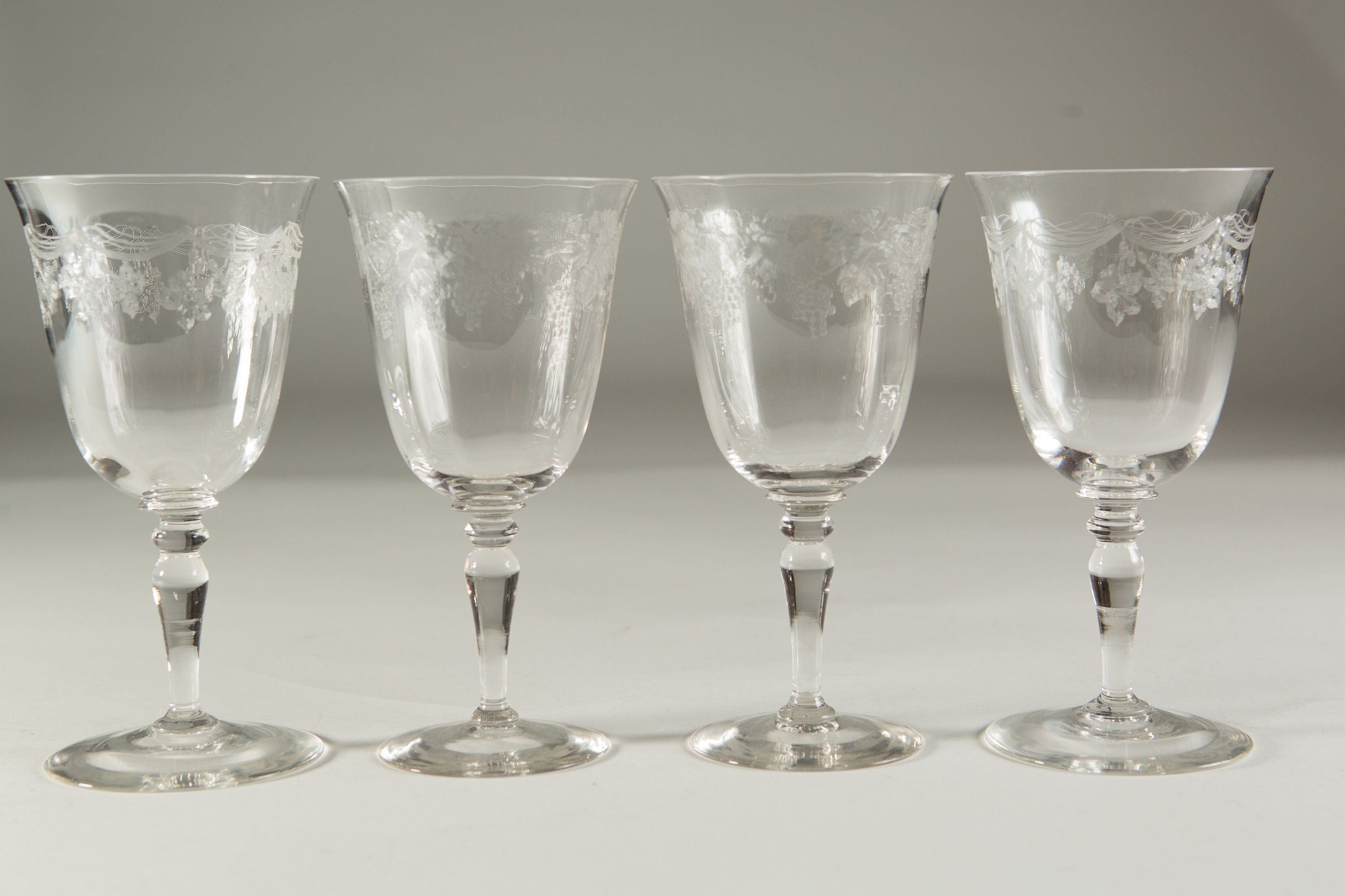 4 Vintage Wine Glasses Etched Floral Glasses Antique Cocktail
