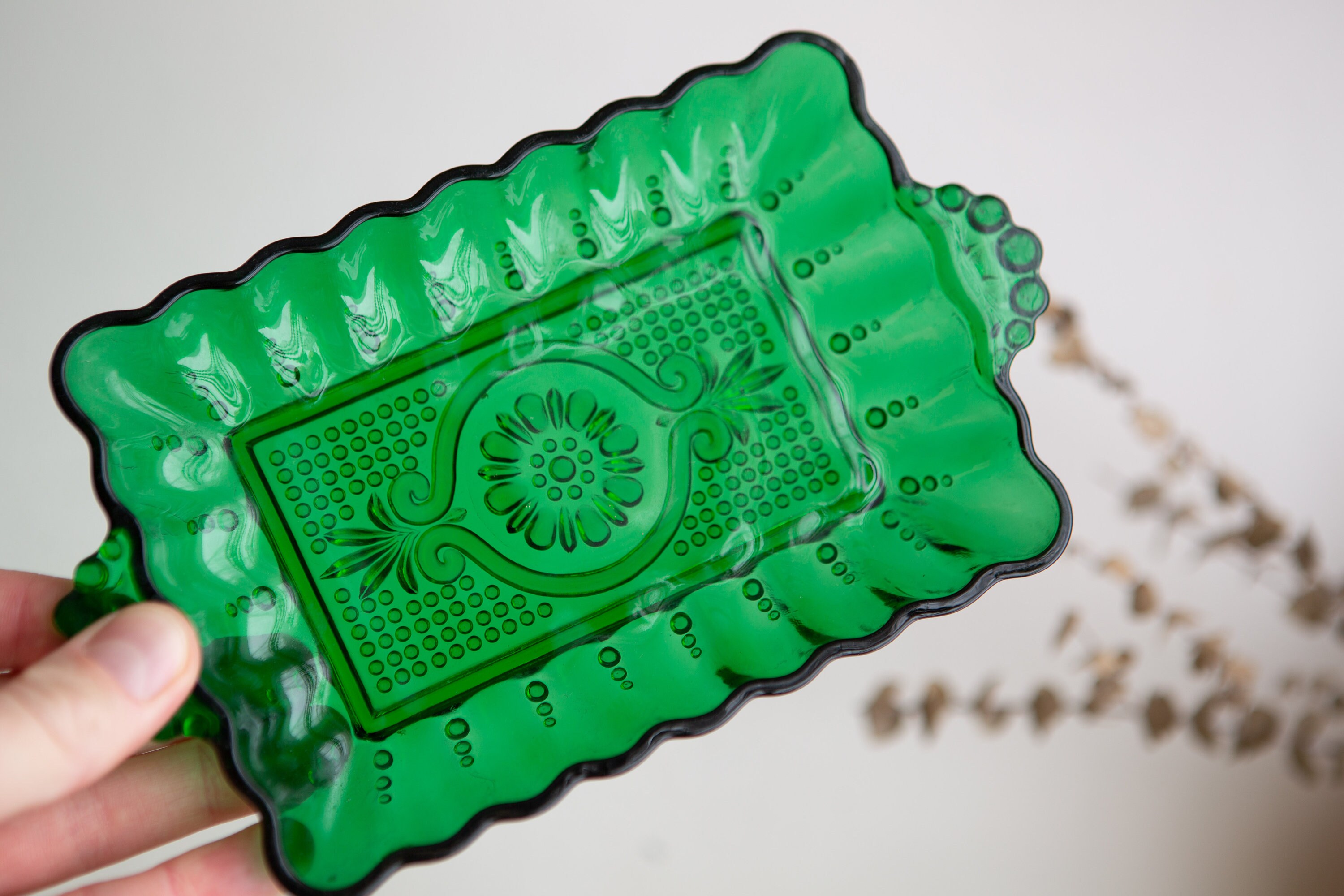 4 Vintage Green Glass Dishes - Antique Pressed Glass Serving Bowls ...