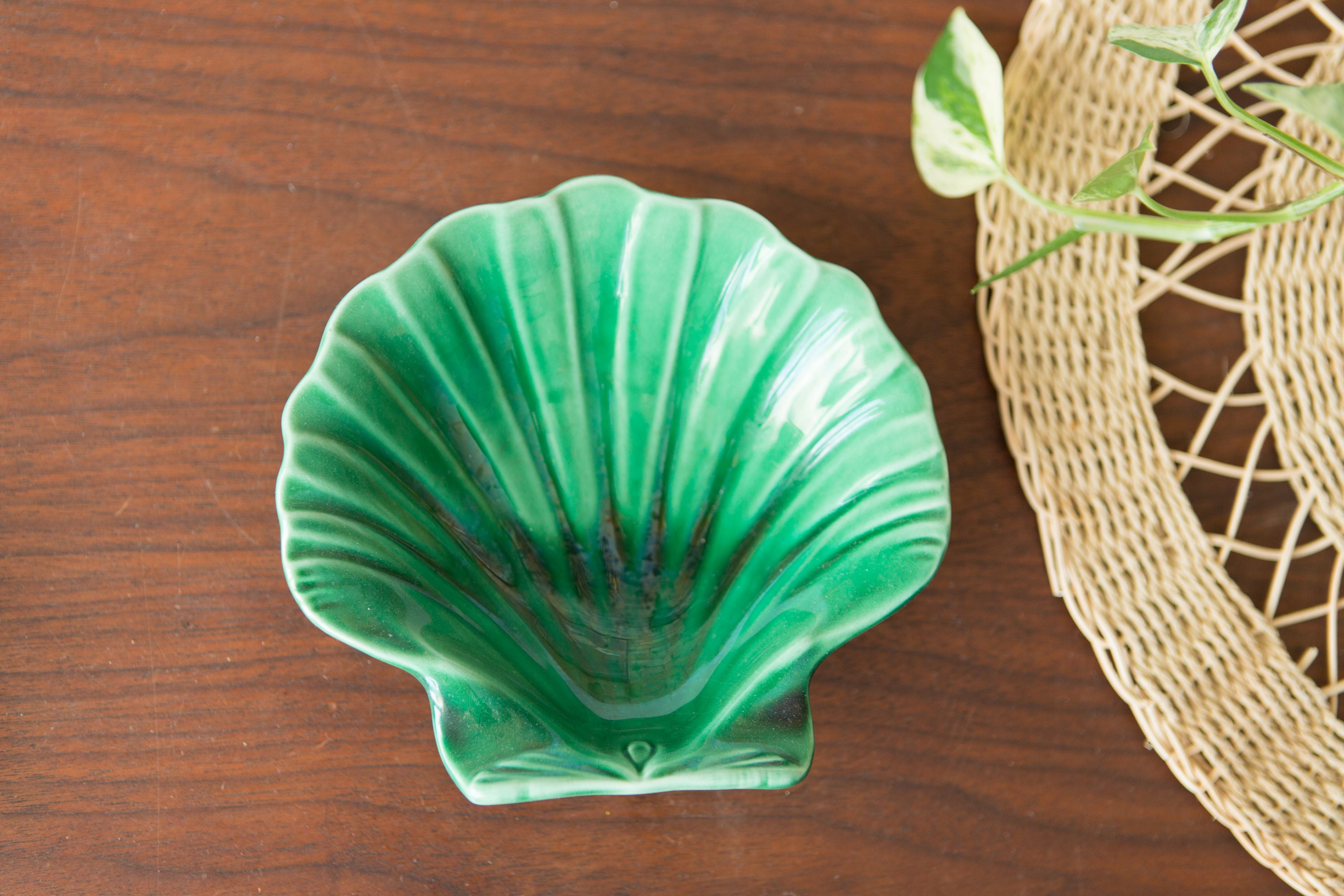 Ceramic Shell Jewelry Dish - 80's Vintage Green Clamshell Ring Storage ...