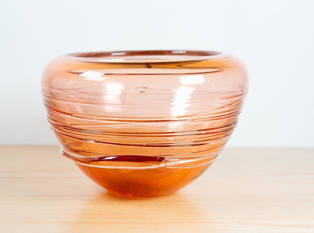 Studio Glass Bowl With Ribbons- Handblown Pink Studio Art Glass, Signed ...
