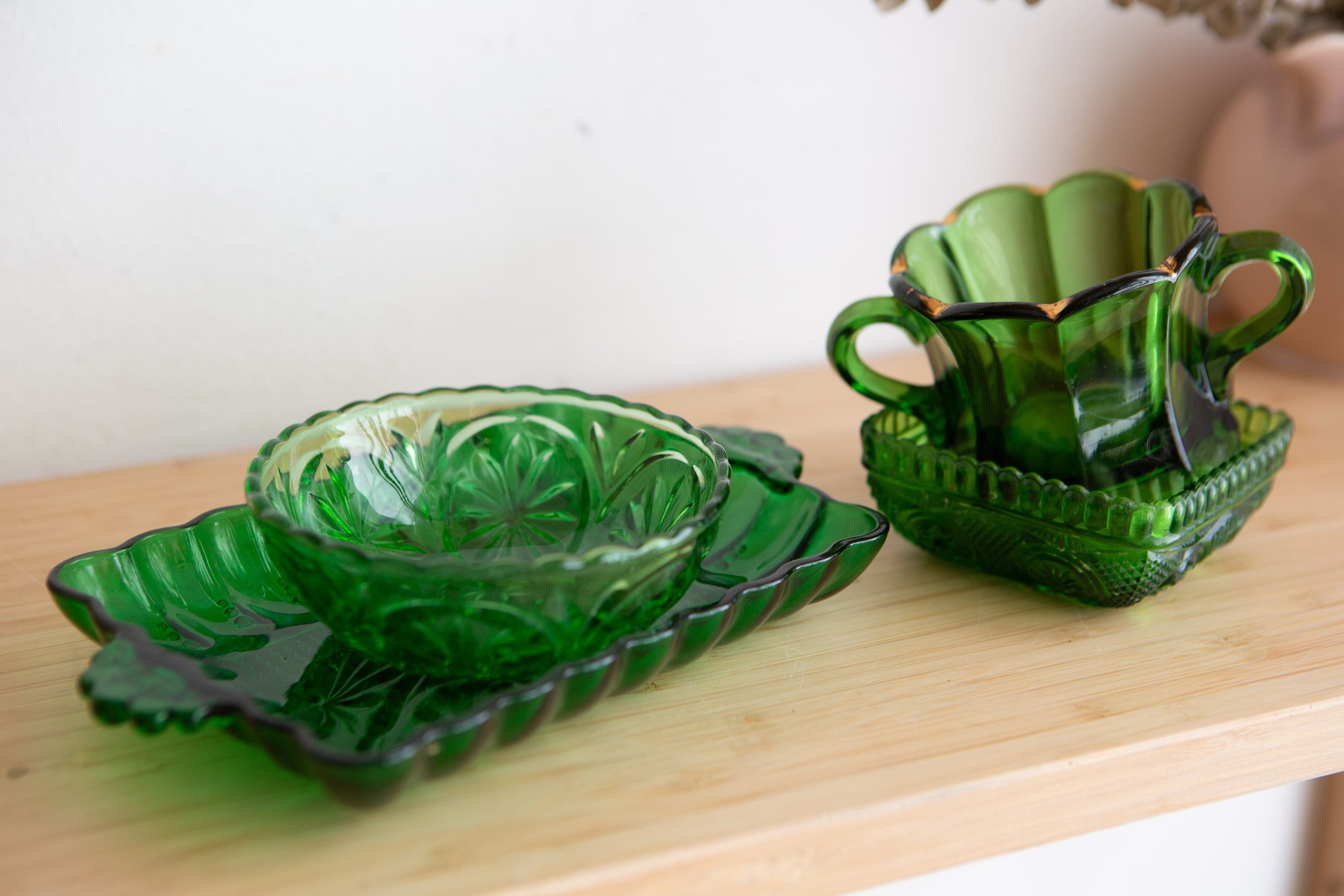 4 Vintage Green Glass Dishes - Antique Pressed Glass Serving Bowls ...