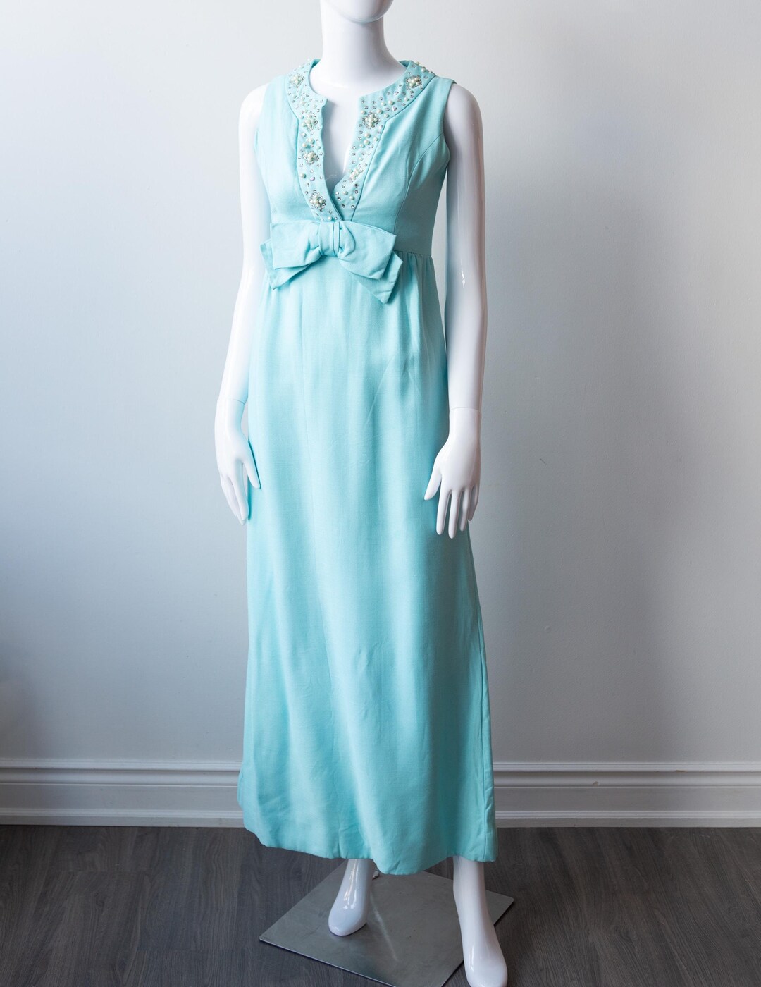 1960s Franklin Simon Aqua Blue Maxi Gown / Size S / Sleeveless With ...