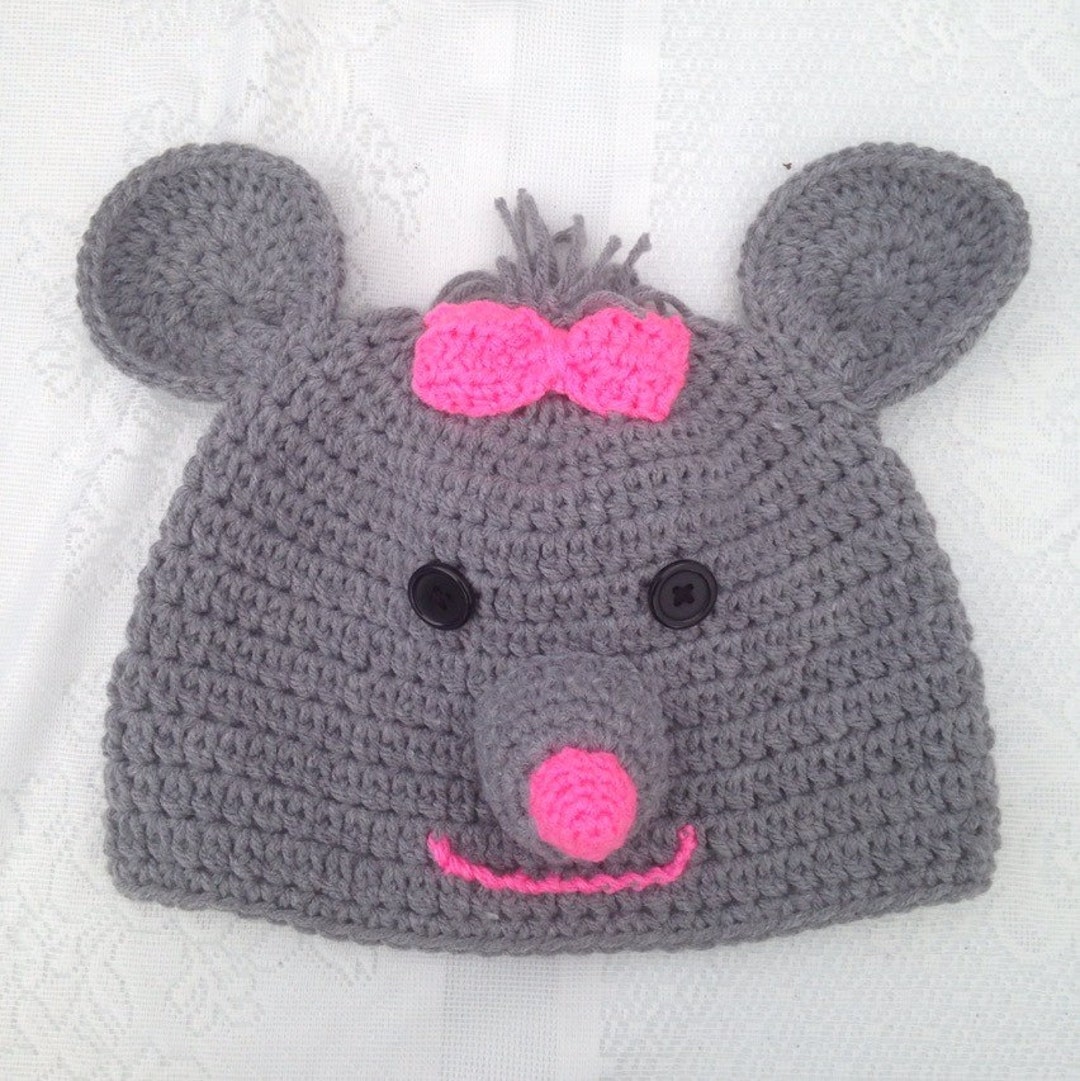 Mouse Hat - Girls Crochet Mouse Hat With Pink Bow - Kids Halloween ...