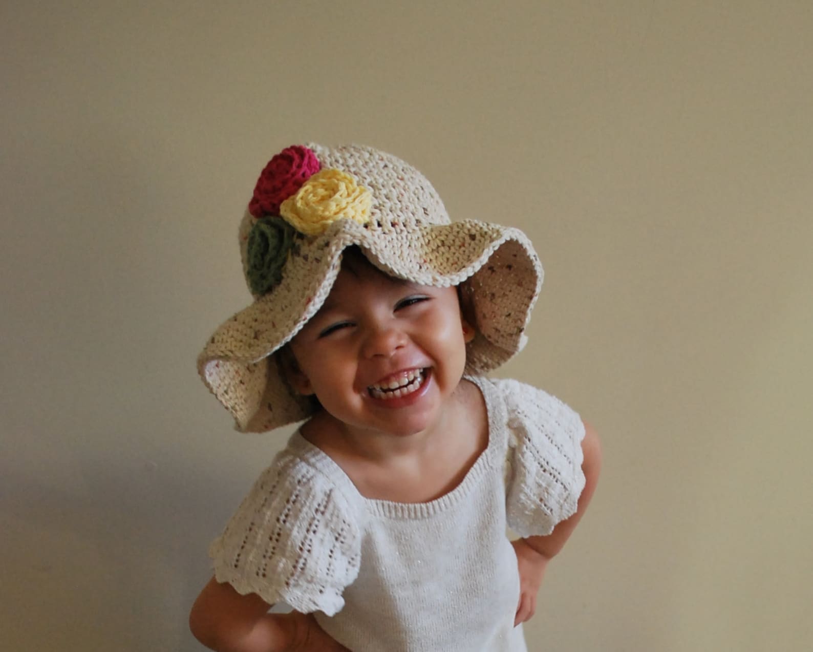 Floppy Summer Hat - With 3 Flowers Soft Brimmed Wavy Sun Hat - Babies ...