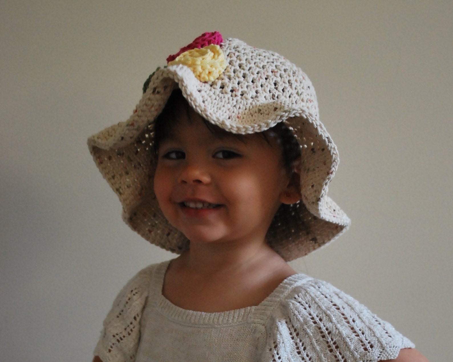 Floppy Summer Hat - With 3 Flowers Soft Brimmed Wavy Sun Hat - Babies ...