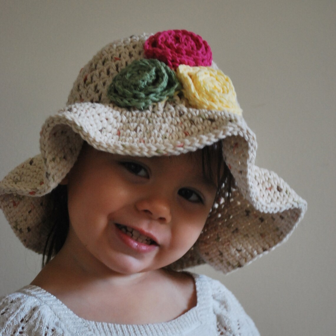 Floppy Summer Hat - With 3 Flowers Soft Brimmed Wavy Sun Hat - Babies ...
