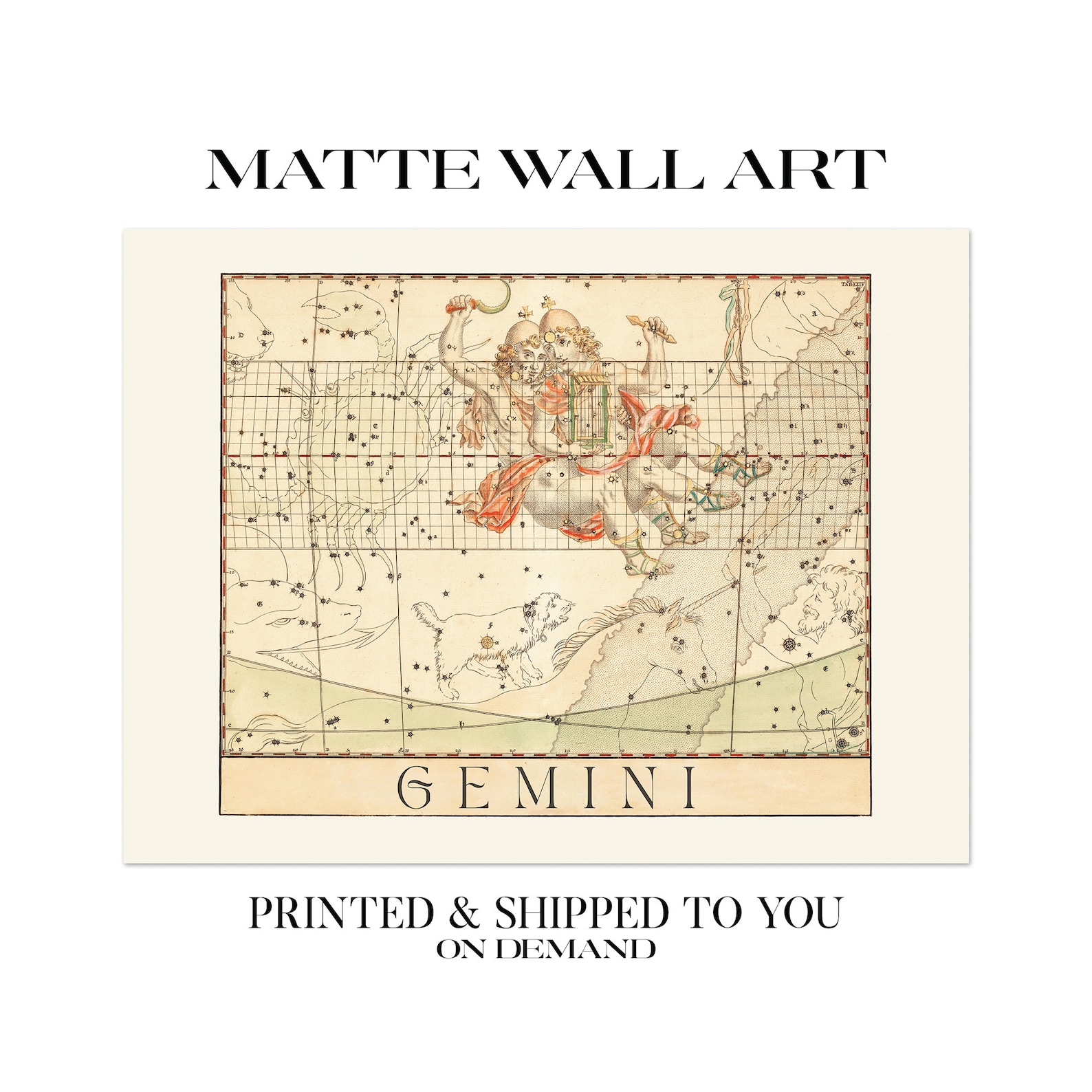 Gemini, the Twins ~ Wall Art Matte Print | Classical Renaissance Vintage Zodiac Starry Celestial ...