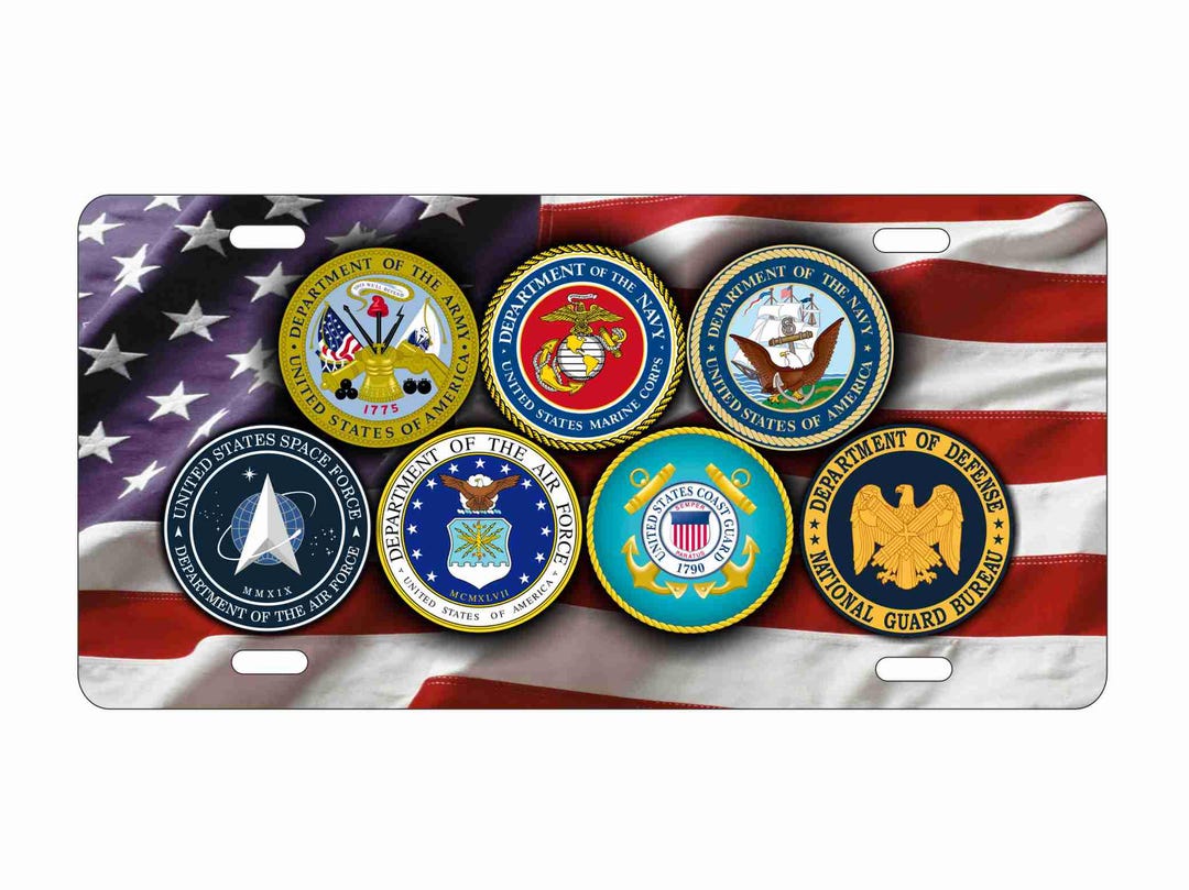 US Military Branches License Plate, 7 Armed Forces Seals With American ...