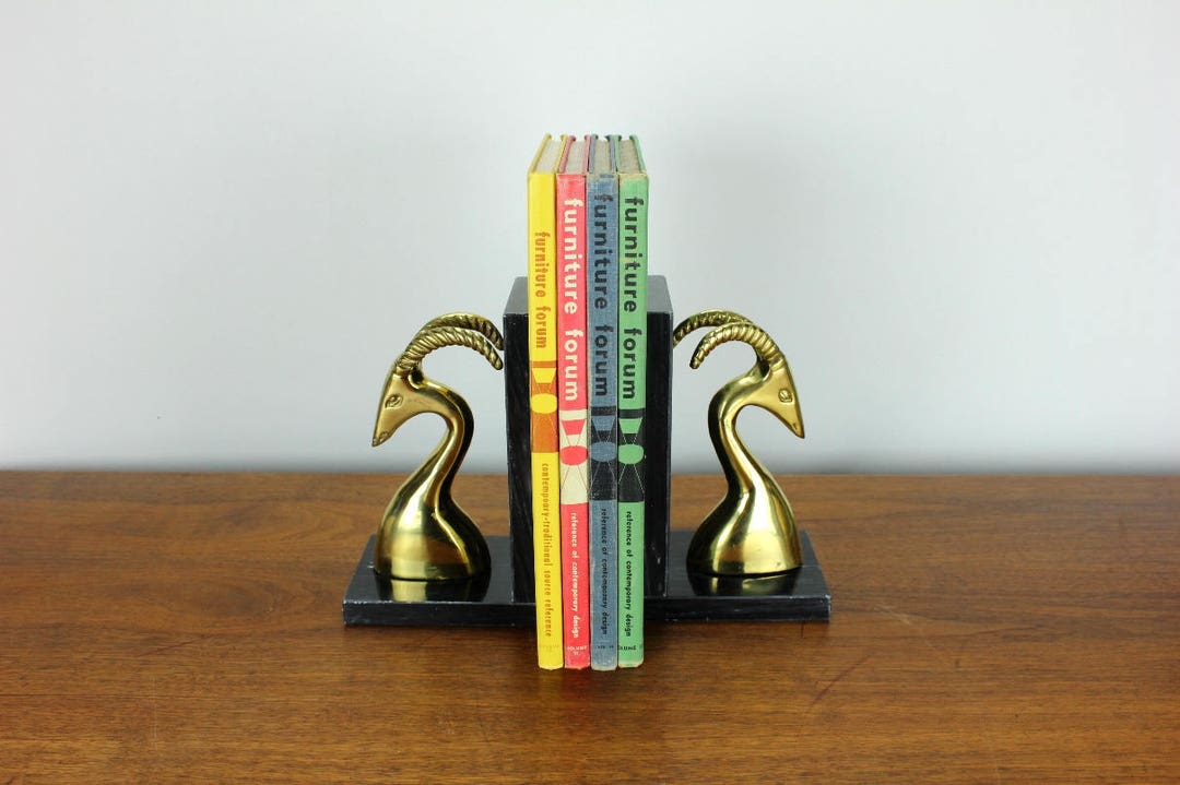 Vintage Brass Ram Pair Bookends Black Marble Granite Bookends Retro 60 ...