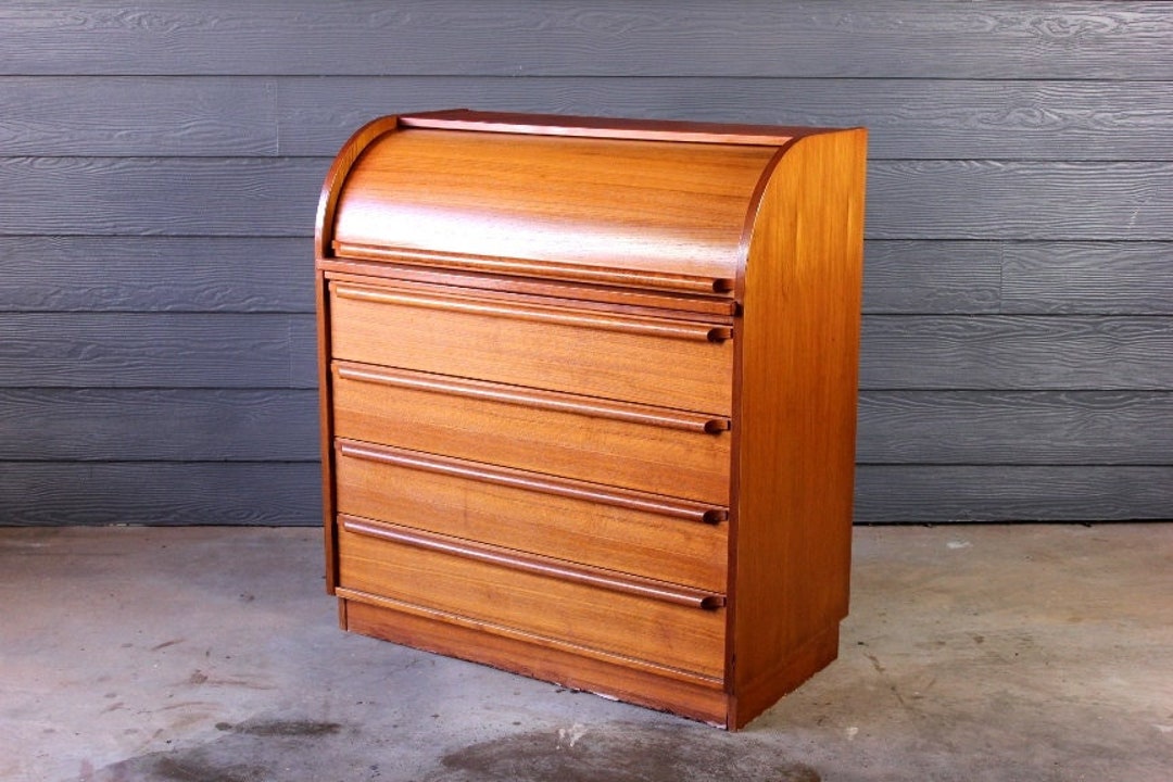 Mid Century Teak Roll Top Secretary Desk Made in Denmark Storage ...