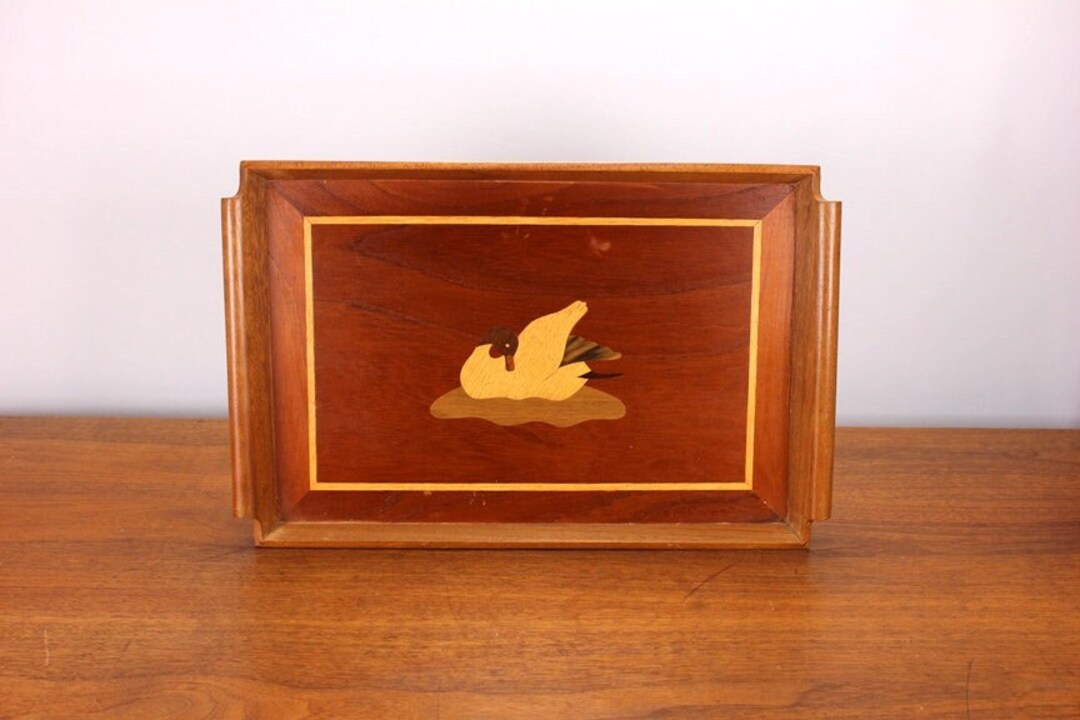 Vintage Inlaid Wood Marquetry Swan Tray Inlay Retro Mid Century 60's 70 ...
