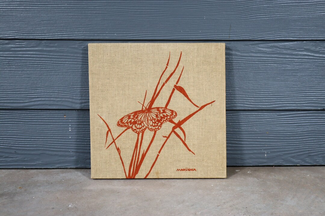 Vintage 70's Marushka Butterfly on Grass Linen Textile Art Screenprint ...