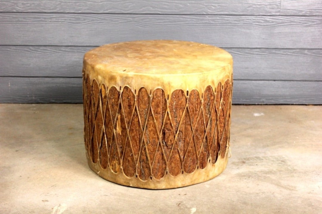 Vintage Indian Leather Hide Top Log Drum or Side Table Rawhide Cochiti ...