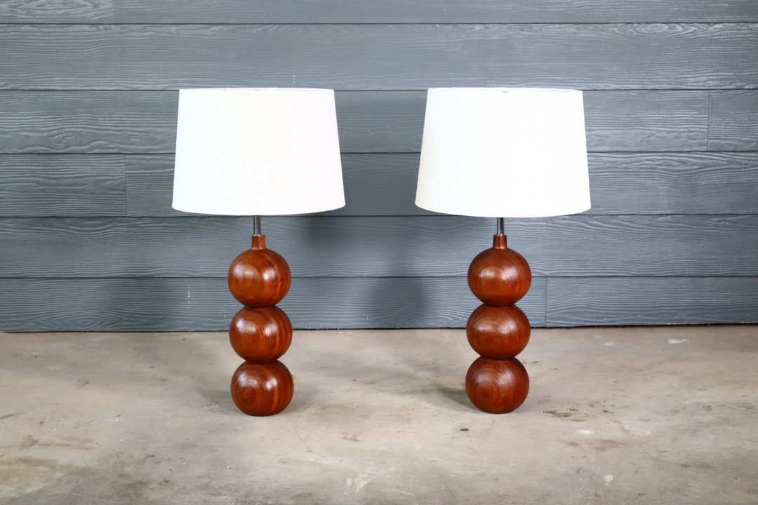 Mid Century Danish Pair Stacked Wood Sphere Table Lamp Walnut Wood ...