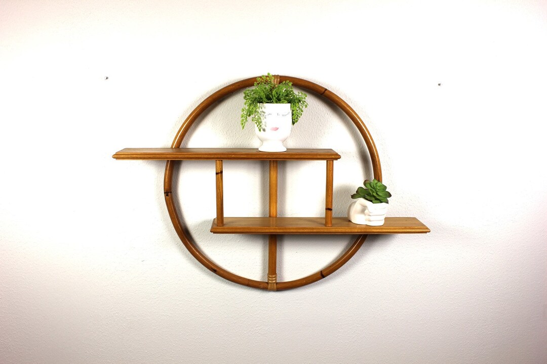 Vintage Rattan Round Circle Wall Shelf Hanger Boho Bohemian Bamboo 60's ...