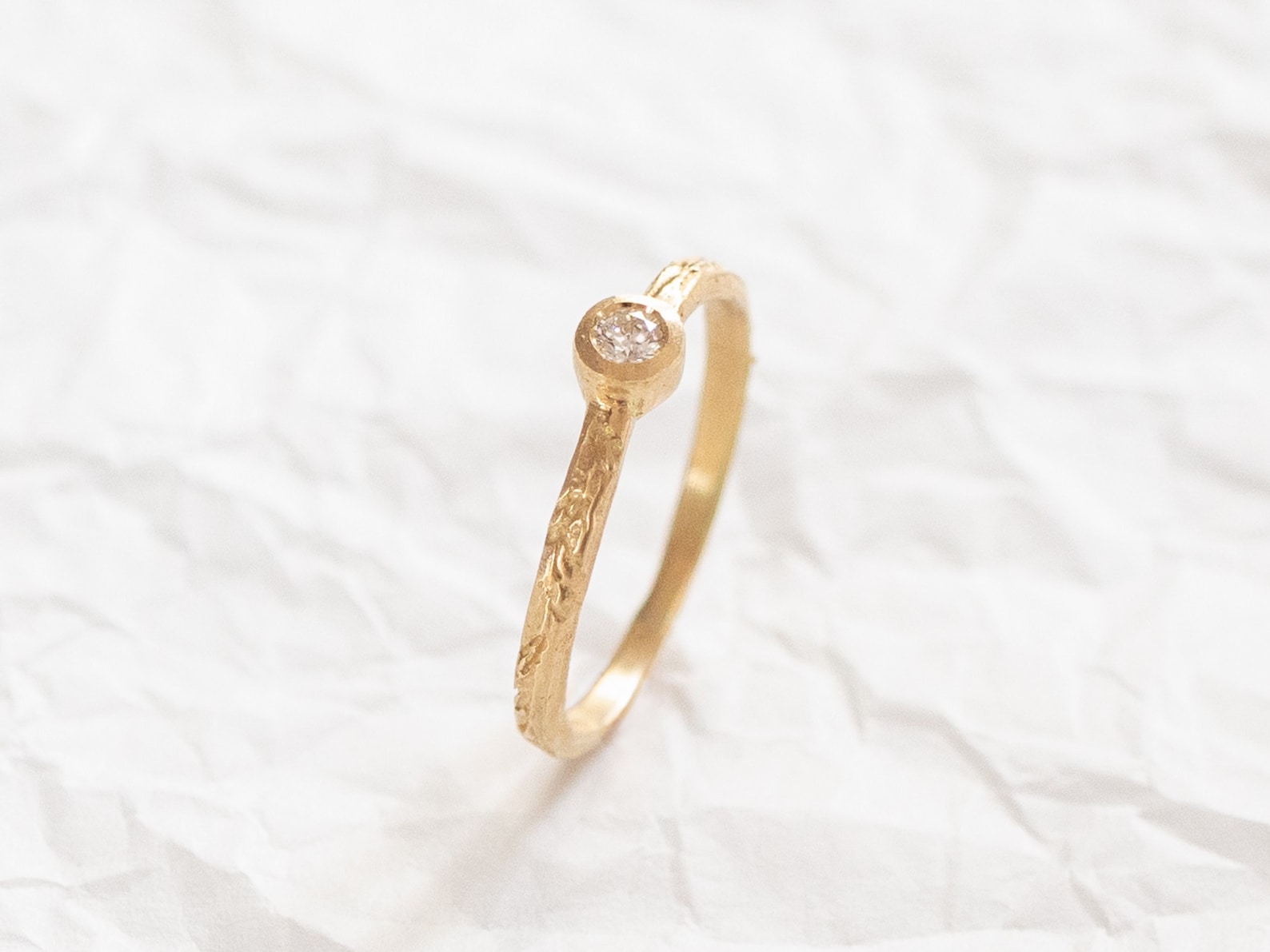 3 MM Diamond Engagement Ring, 18K Solid Gold Nature Organic Inspired ...